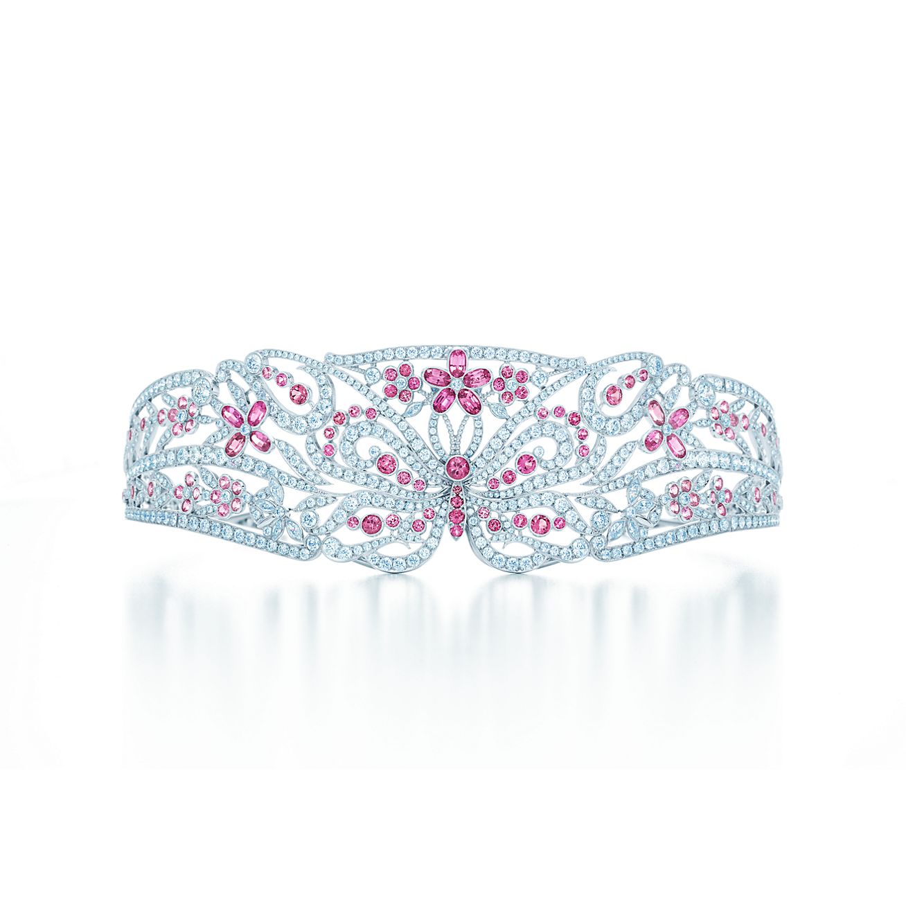 Tiara in platinum with pink spinels and round brilliant diamonds ...