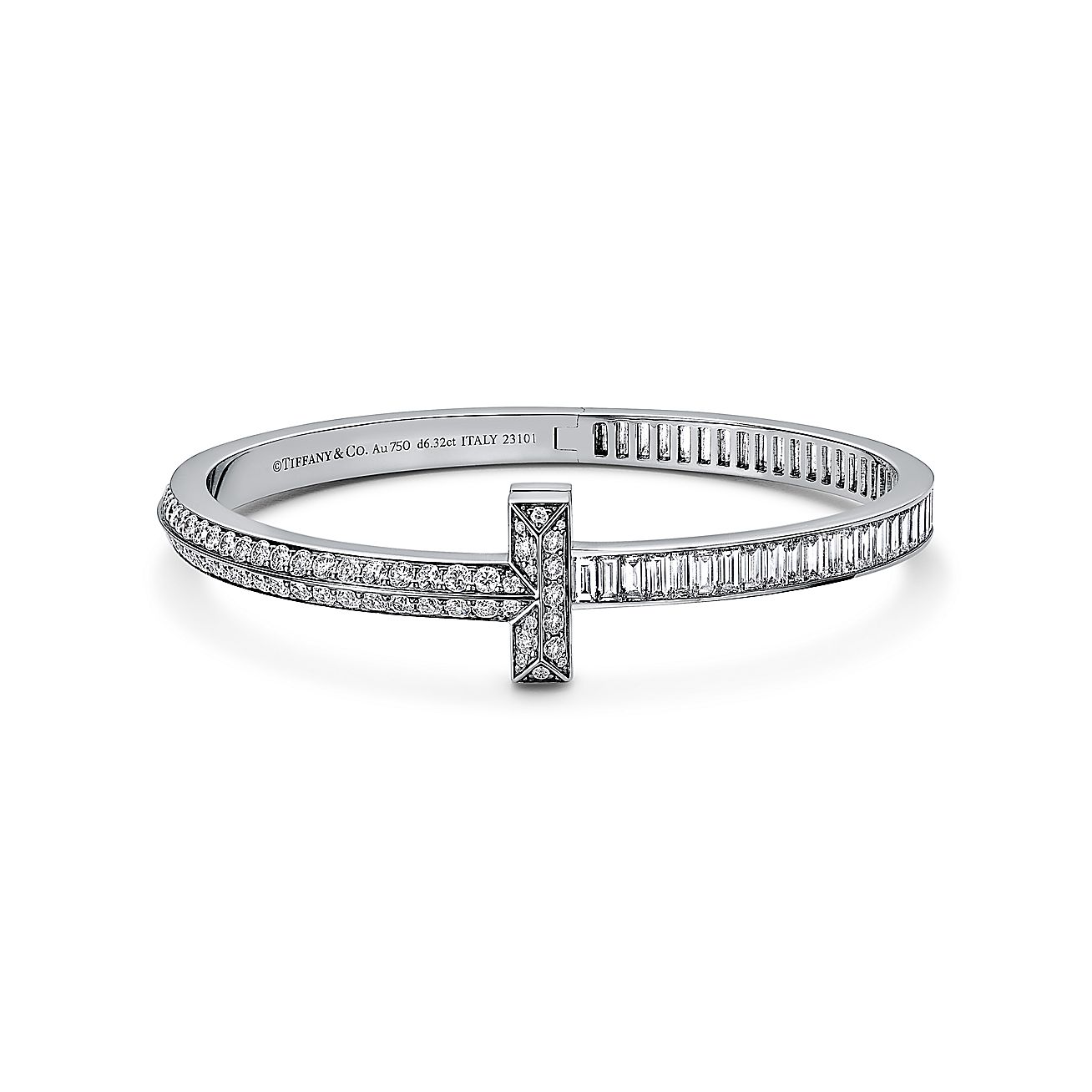 Pulsera Tiffany T T1 en oro blanco con diamantes baguette y en pavé ...
